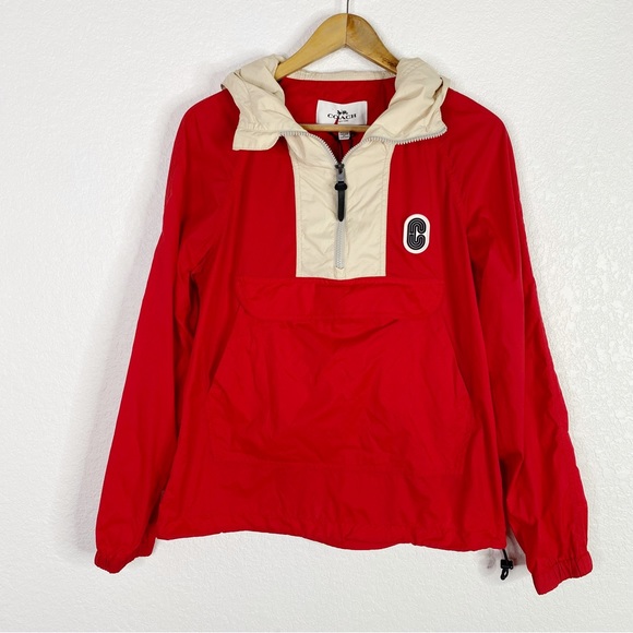 Coach | Jackets & Coats | Coach Red Cream Anorak Nylon Hooded ...